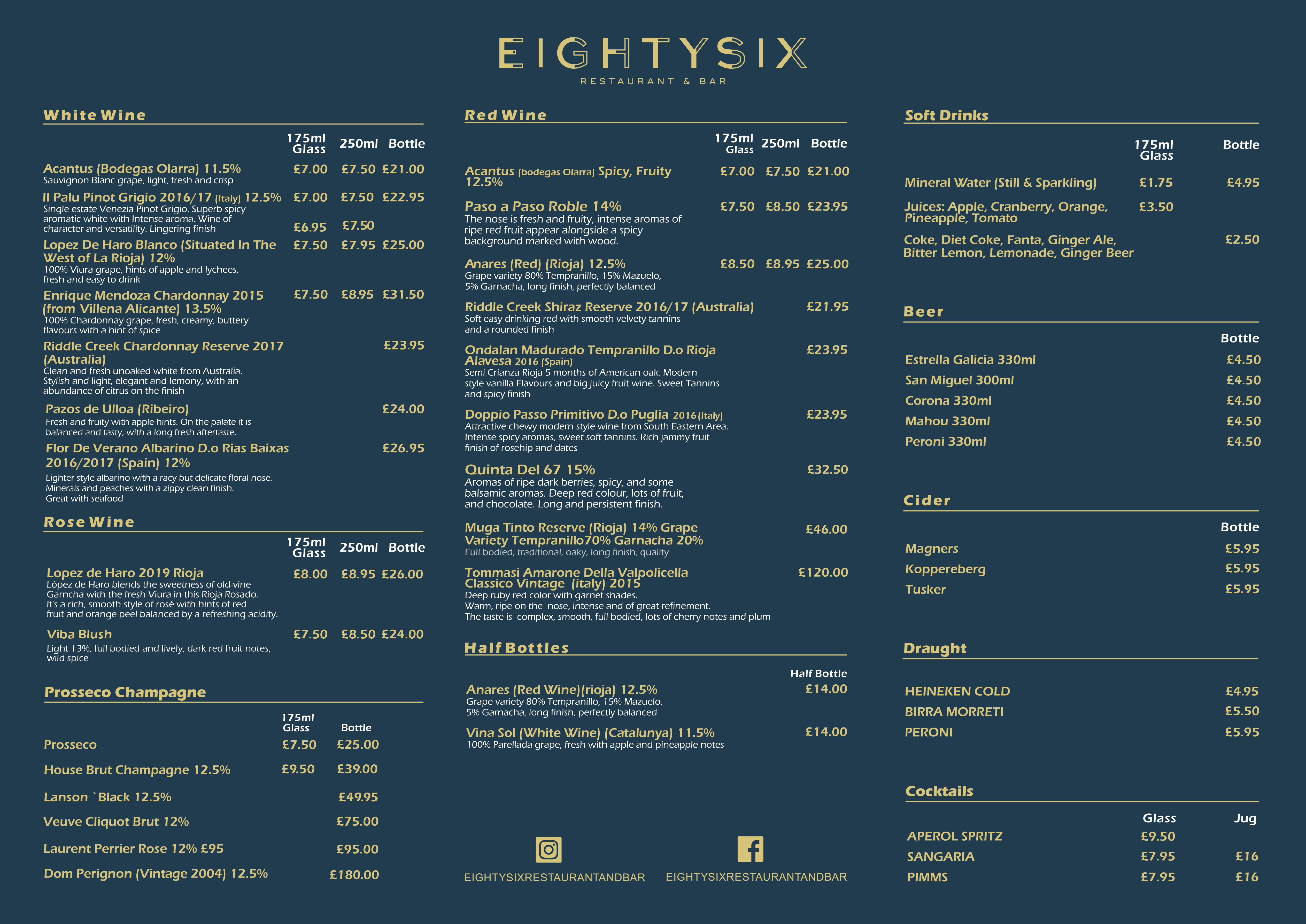 Menu - Eighty Six Restaurant & Bar
